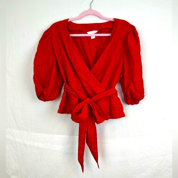 H&M | Tops | Hm Red Puffy Sleeve Blouse With Tie | Poshmark